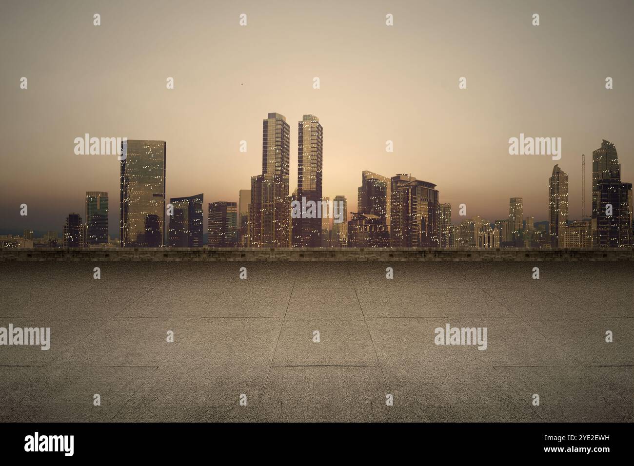 Empty rooftop balcony with view of modern building skyscrapers and ...
