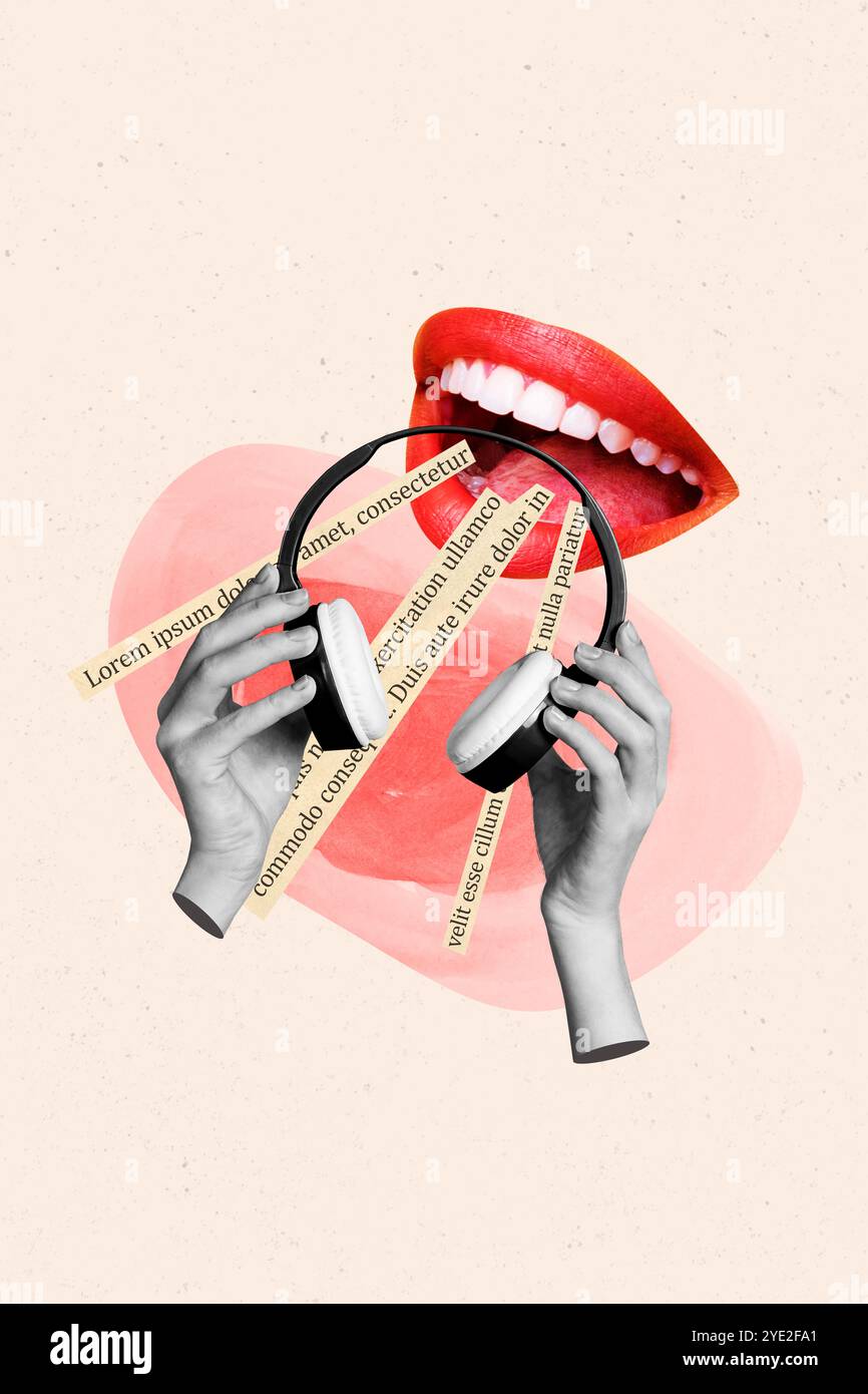 Vertical photo collage of hands hold wireless headphones device music ...