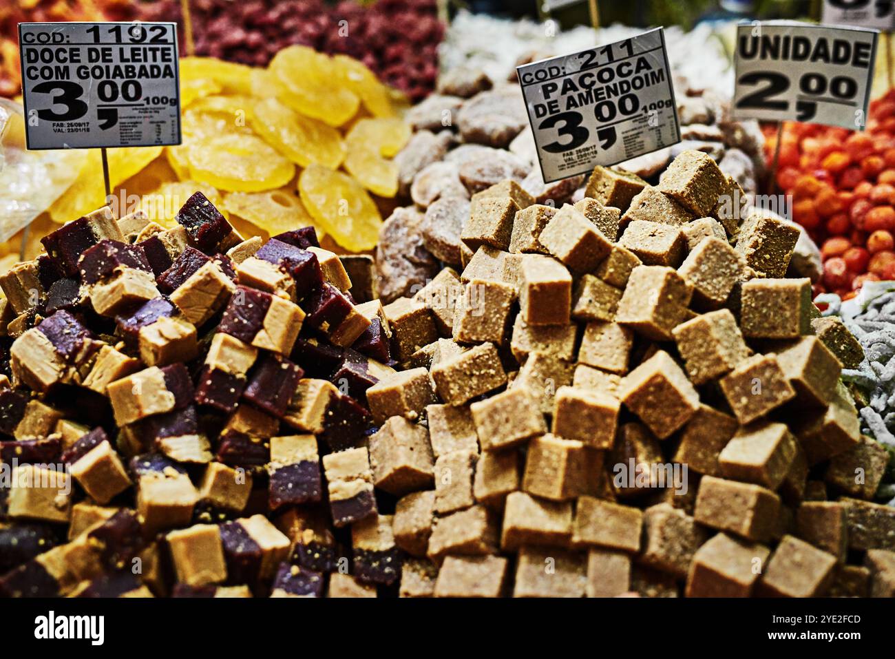 Market, sweets and candy price at stall for sale of product at small ...