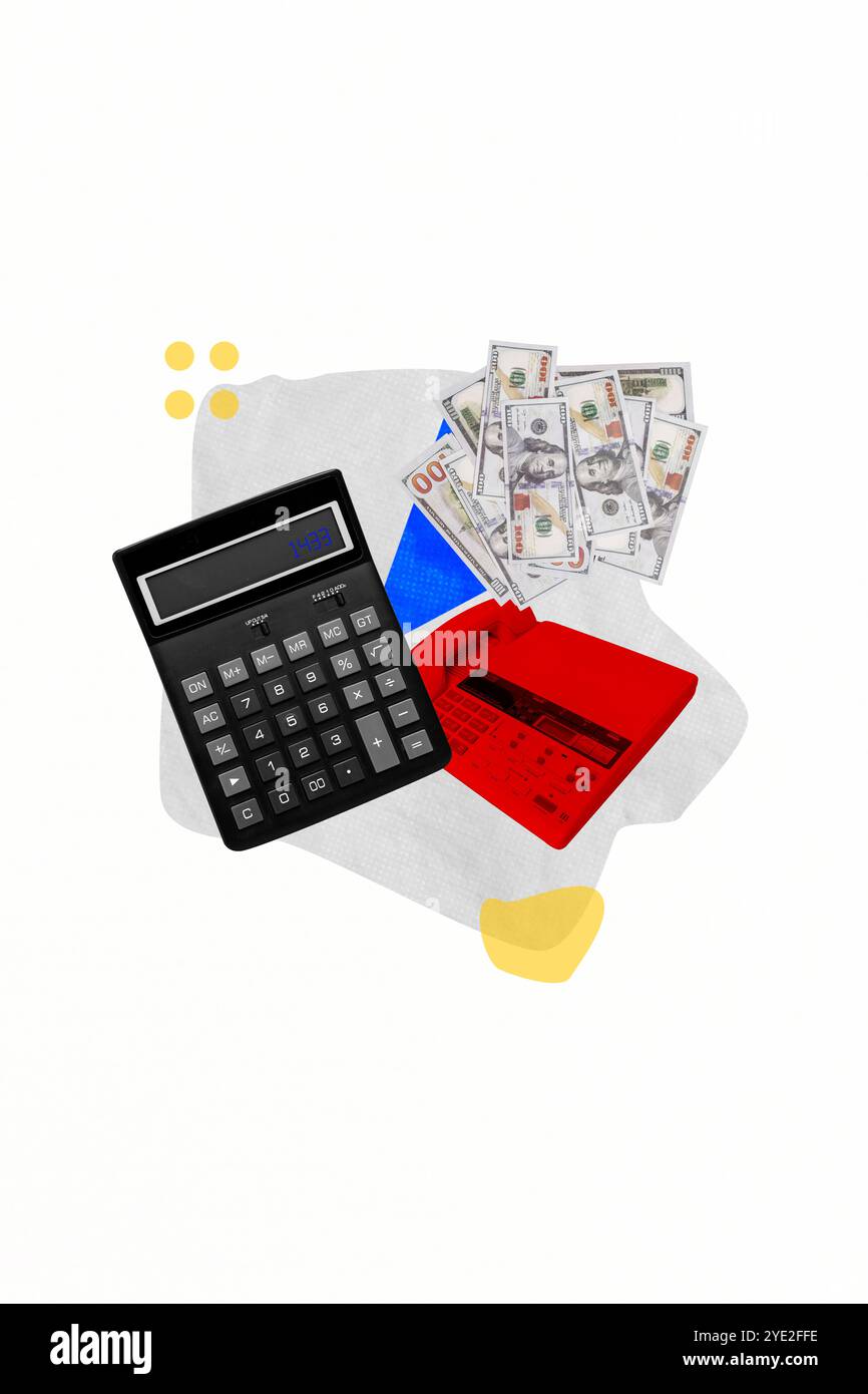 Vertical photo collage of calculator tool dollar banknotes currency ...
