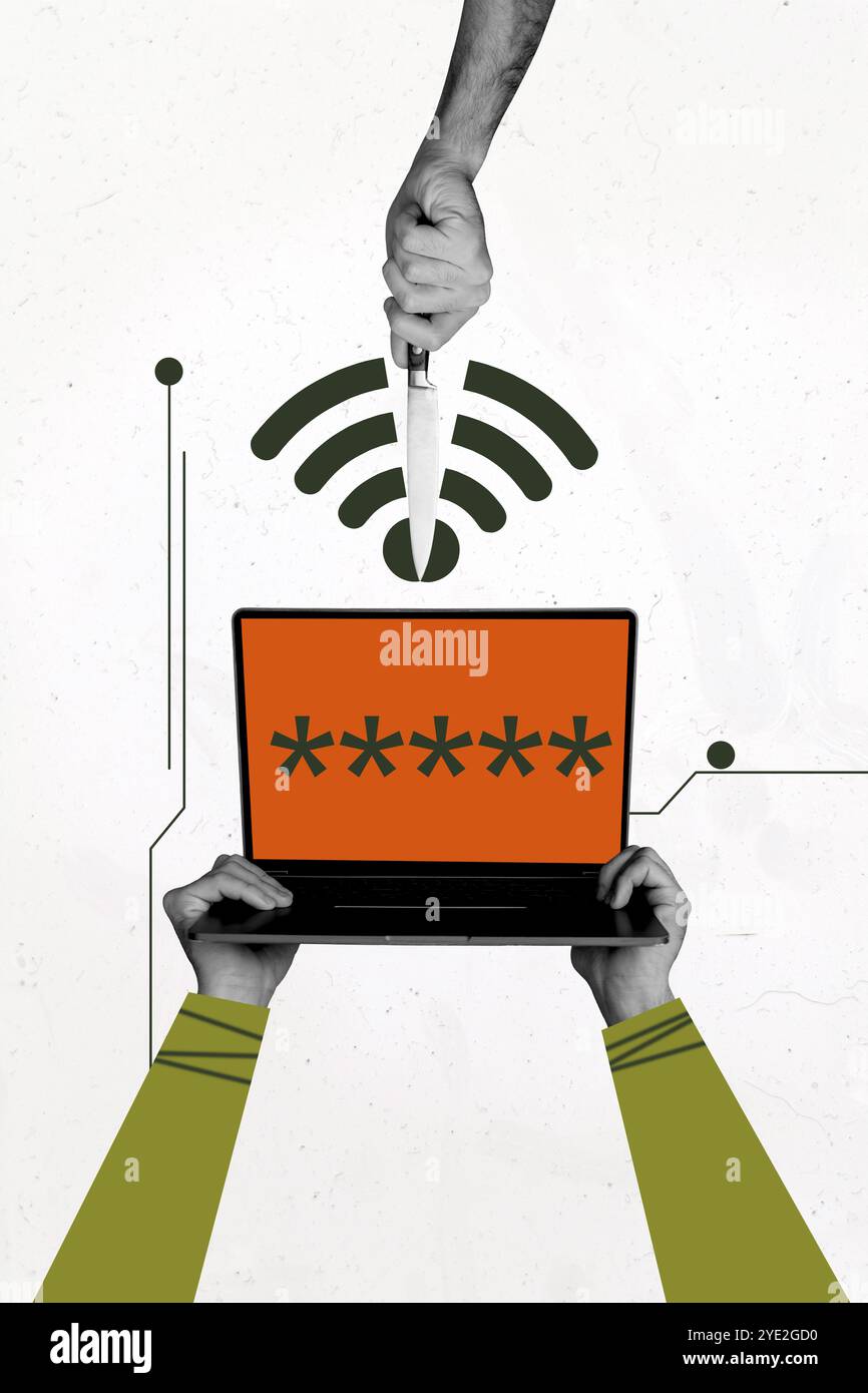 Vertical photo collage of hands hold laptop device password access ...