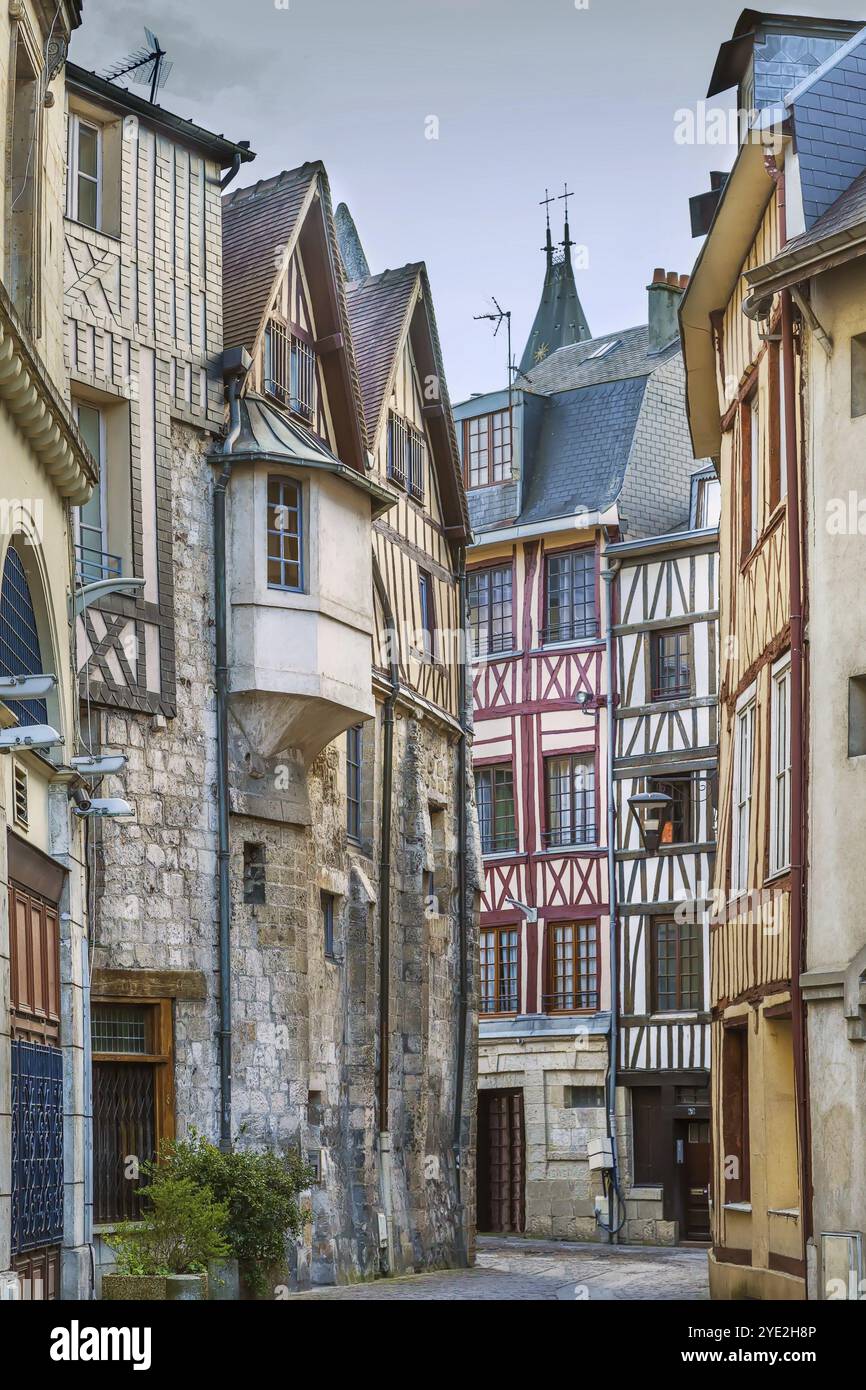 Street in historical center of Rouen with half-timbered houses, France ...