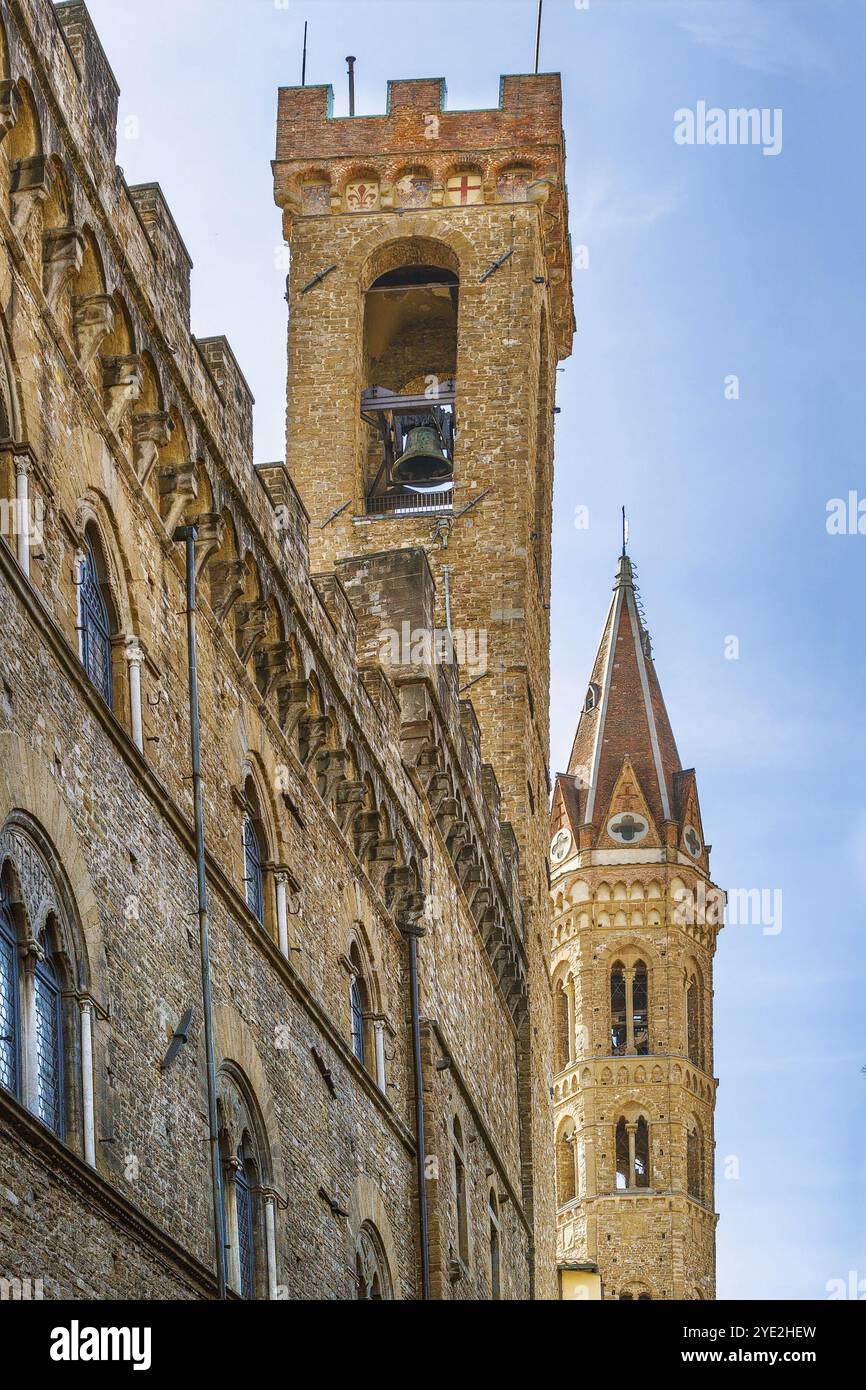 Bell tower of the Badia Fiorentina and Bargello Palace in Florence ...