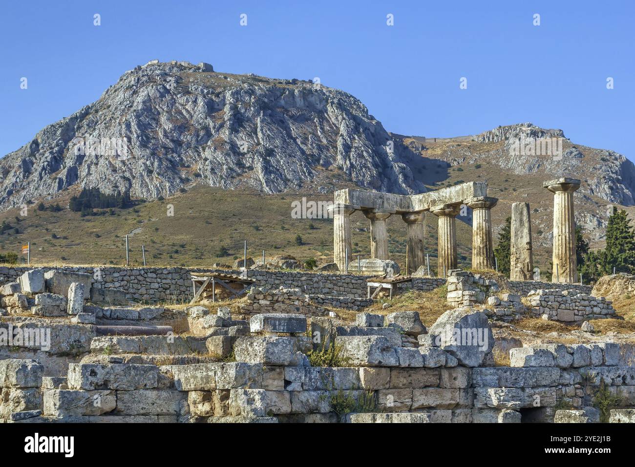 The ruins of the Temple of Apollo in ancient Corinth, Greece, Europe ...
