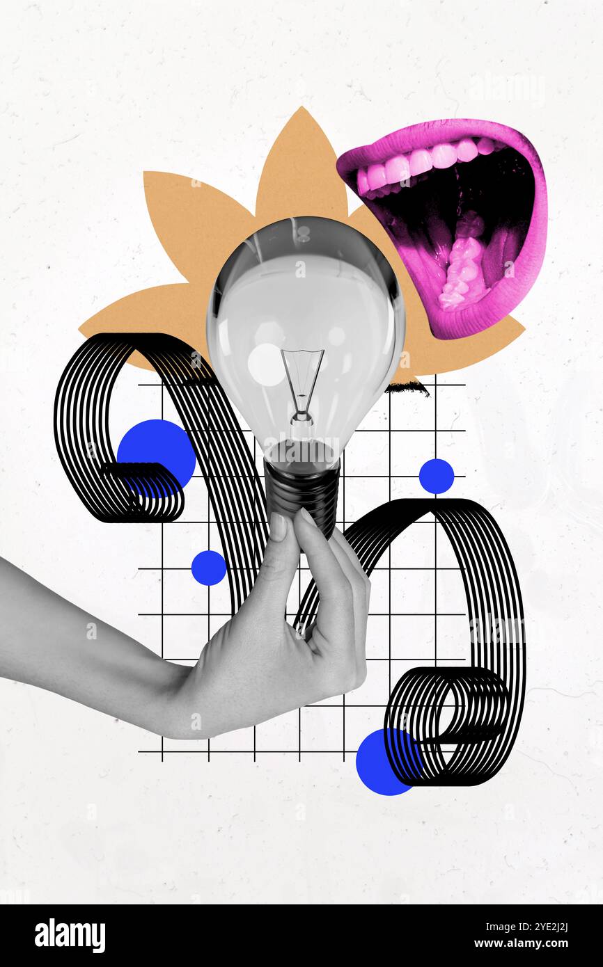 Vertical photo collage of hands hold light bulb idea finding ...