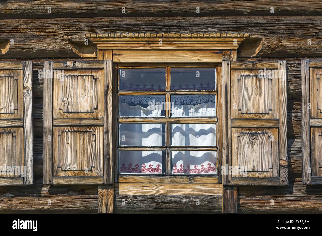 Window in historical wooden house in Open air museum in Semenkovo ...
