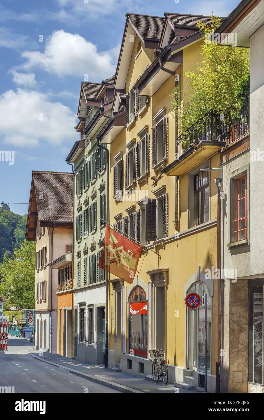 Street with historical houses in Lucerne city center, Switzerland ...