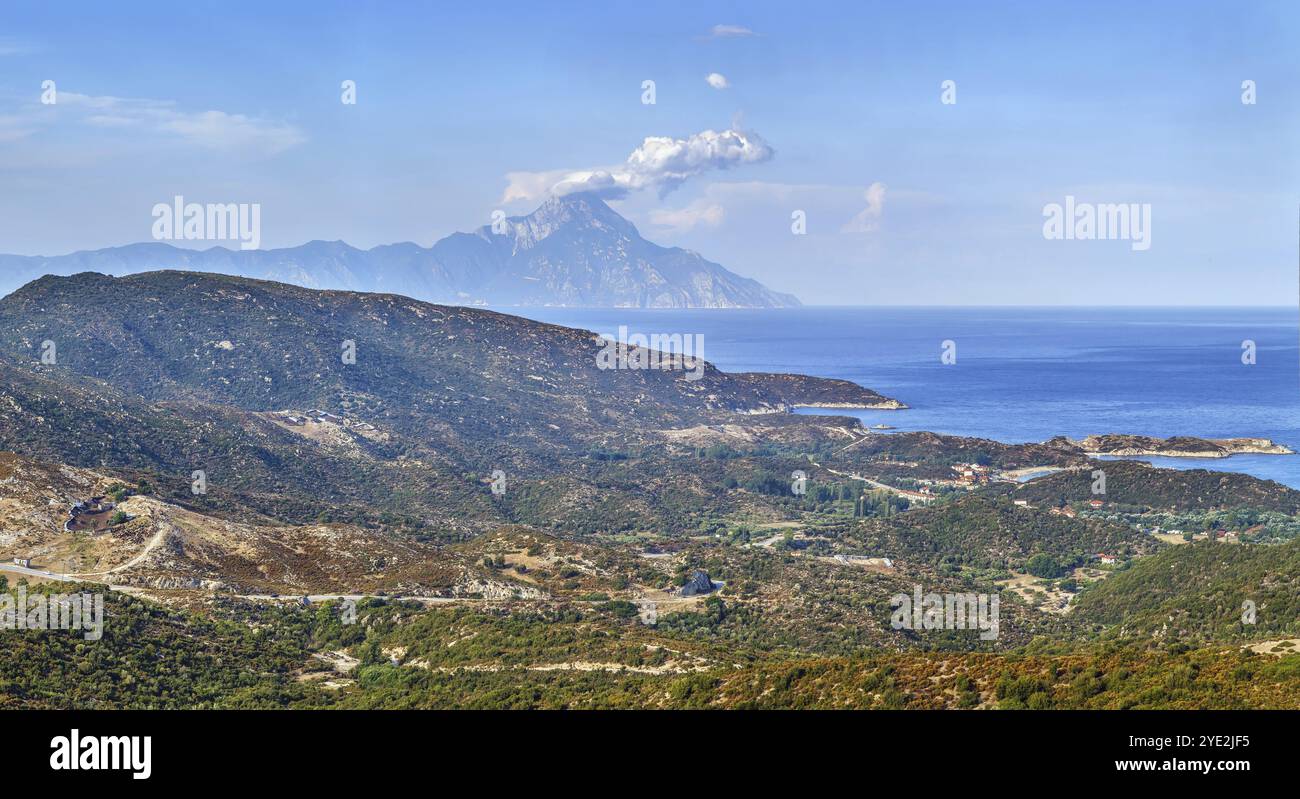 Landscape of the southern tip of Sithonia peninsula with Mount Athos ...