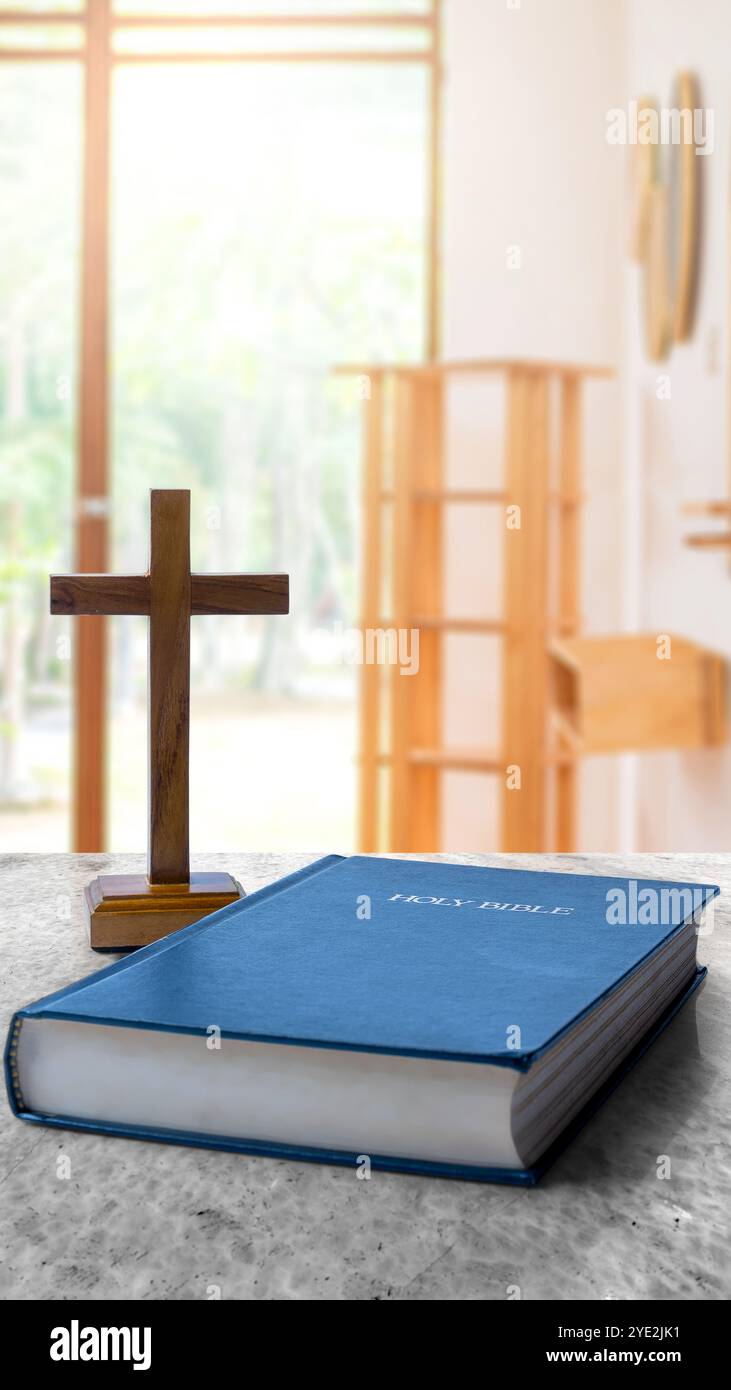 Religion cross and book of Holy Bible. Symbol of faith and worship in ...