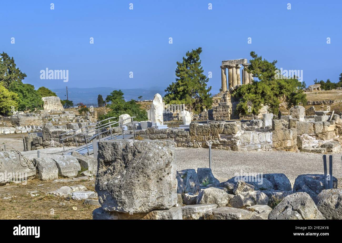 The ruins of the Temple of Apollo in ancient Corinth, Greece, Europe ...