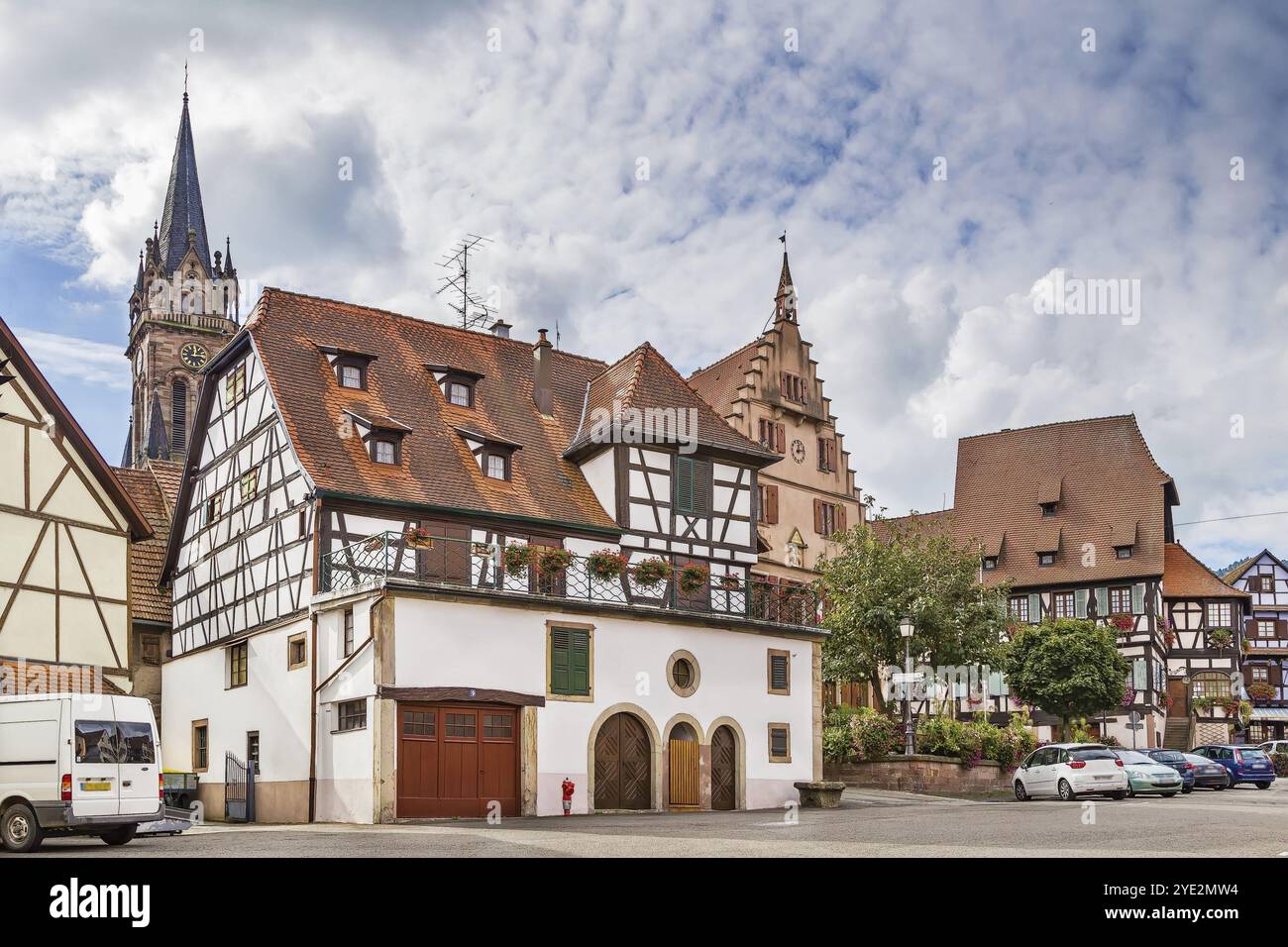 Historical house on street in Dambach la Ville, Alsace, France, Europe ...