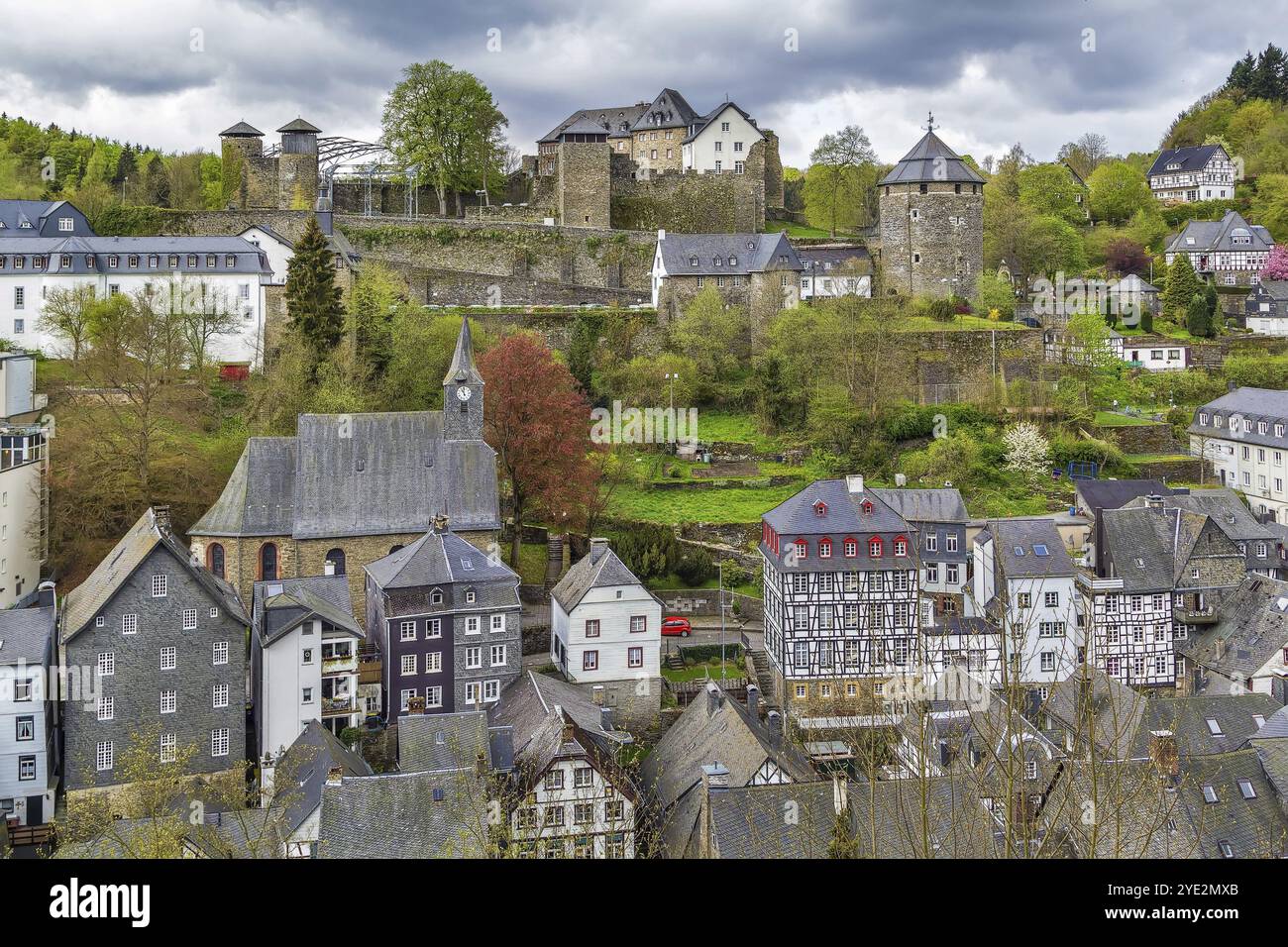 View of Monschau city with castle from the hill top, Germany, Europe ...