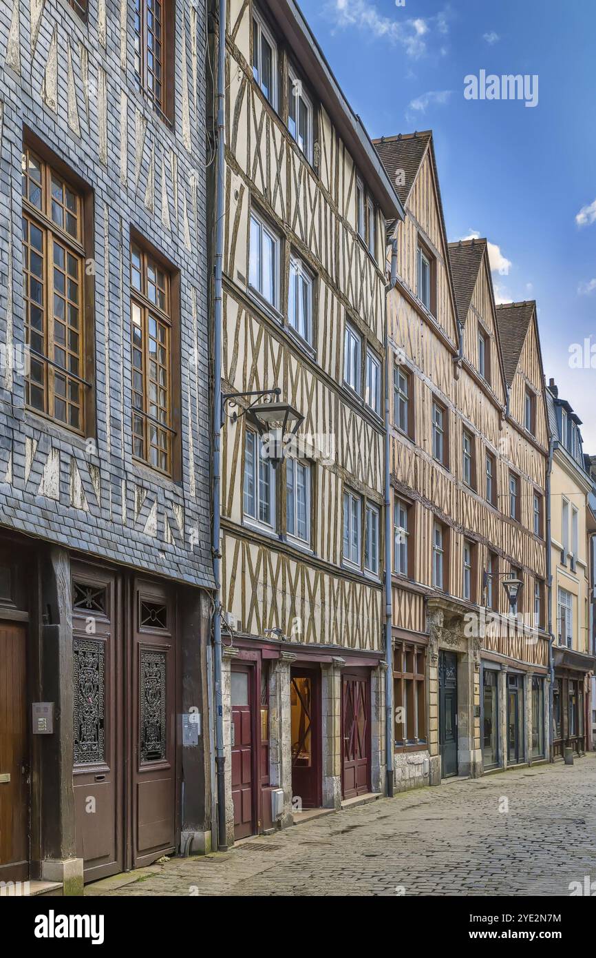 Street in historical center of Rouen with half-timbered houses, France ...