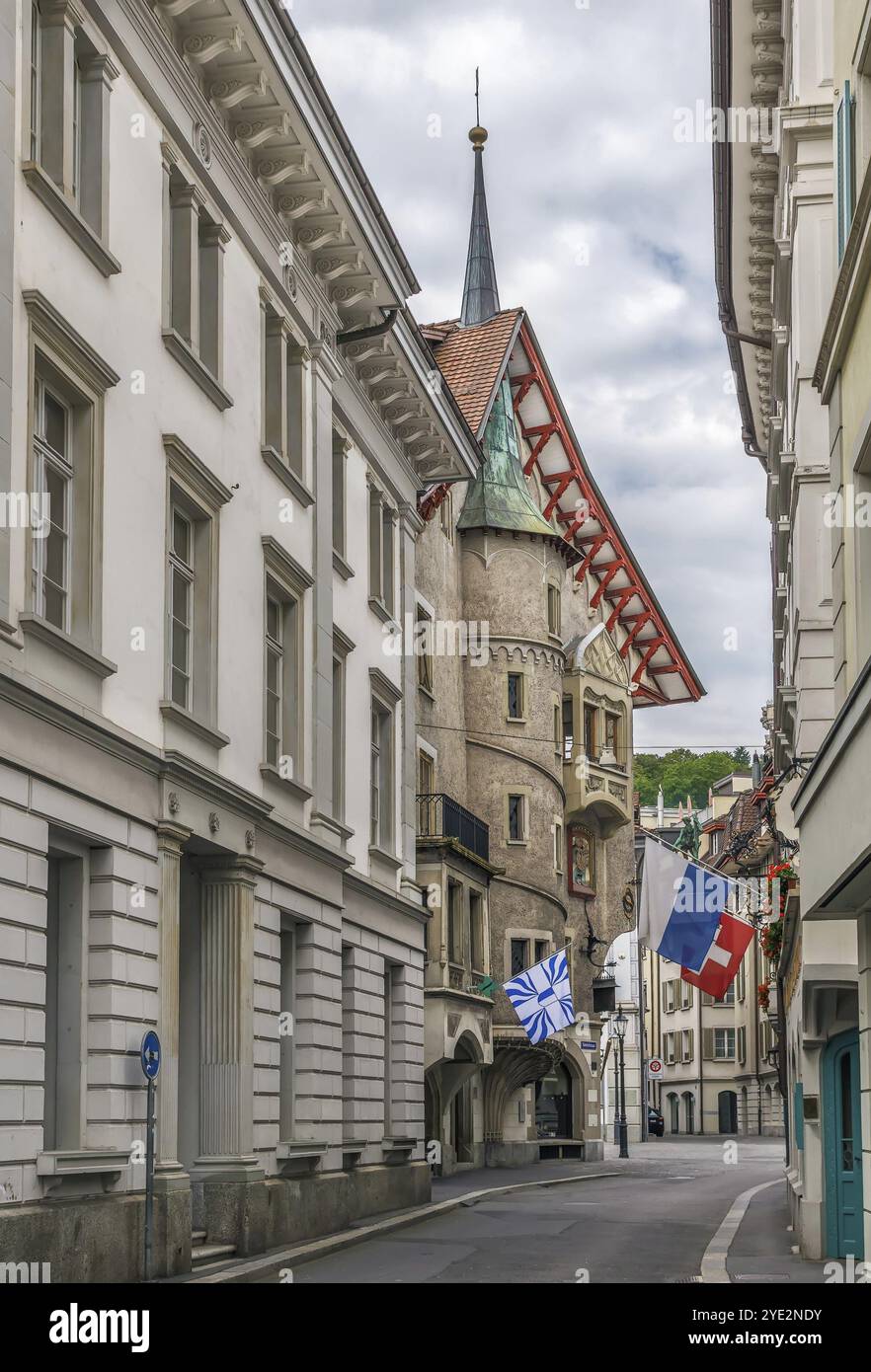 Street with historical houses in Lucerne city center, Switzerland ...