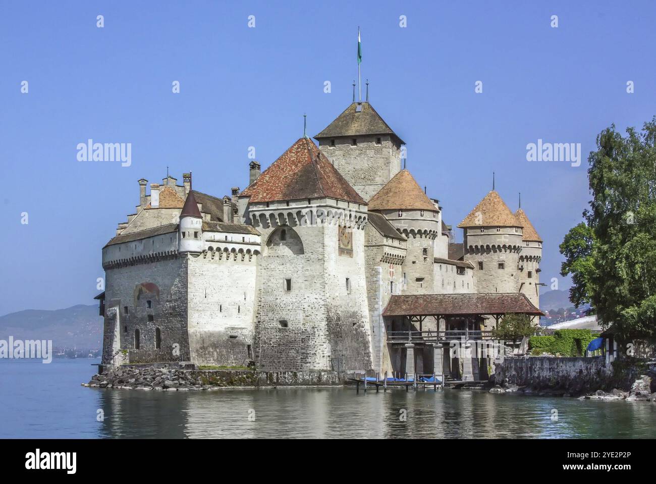 Chillon Castle is an island castle located on Lake Geneva, Switzerland ...