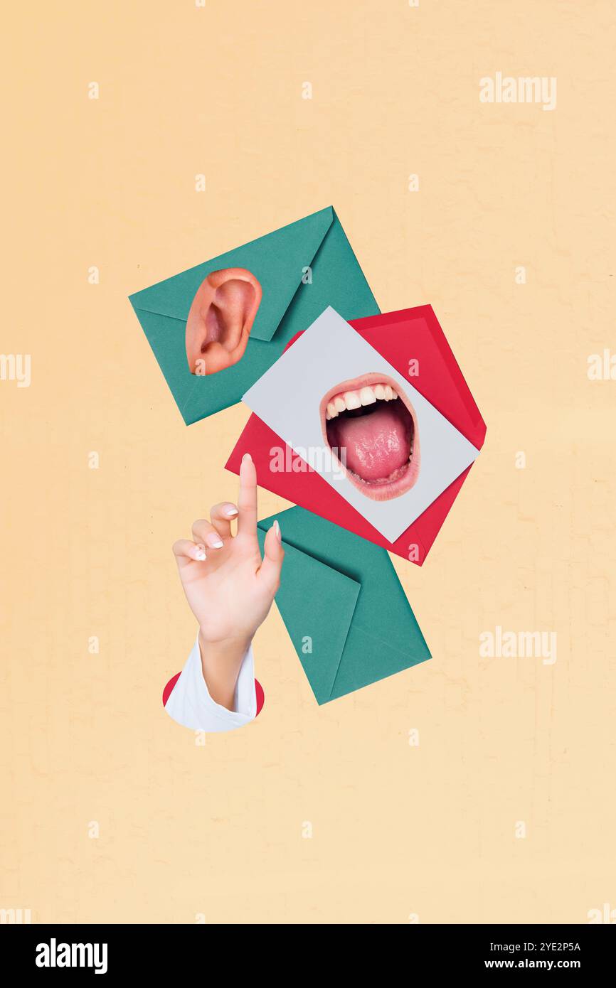 Vertical photo collage of anonym human body parts letter envelope ...