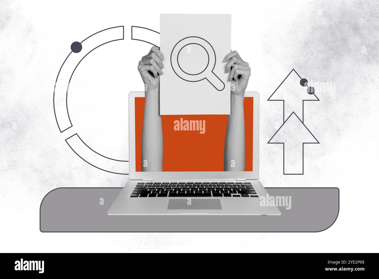 Creative photo collage computer laptop screen hands virtual media ...