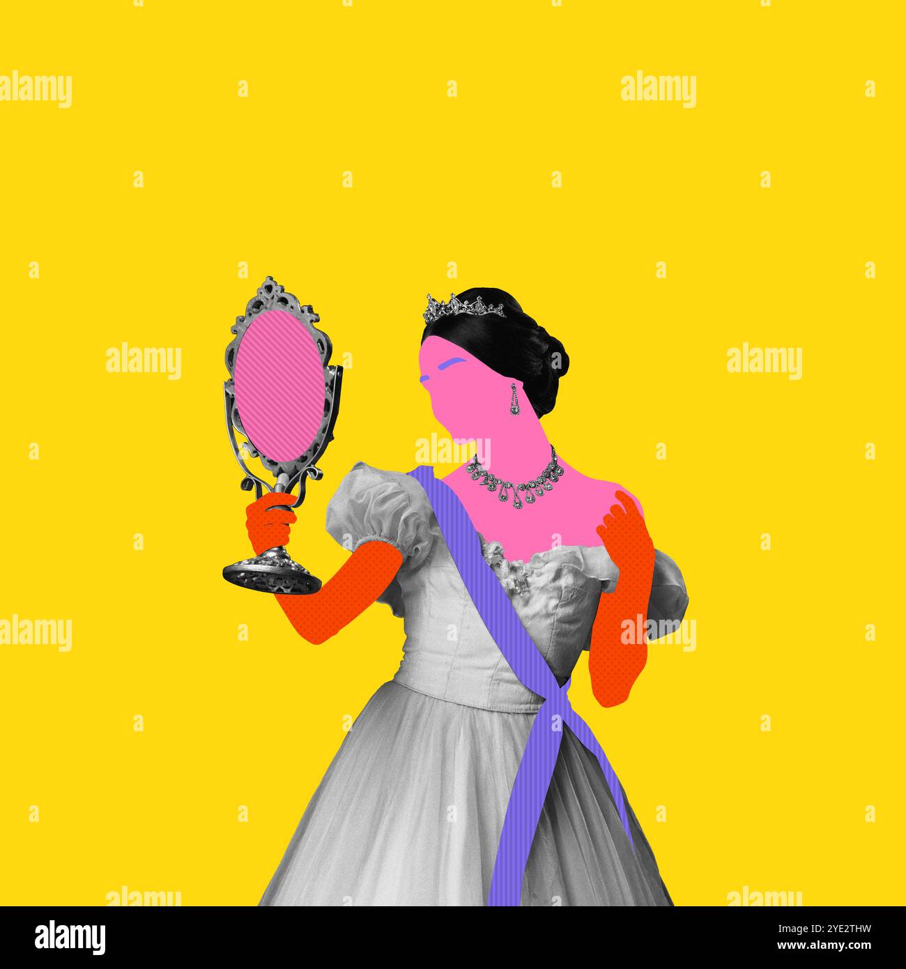 Royal woman, princess, queen looking on mirror against bright yellow ...