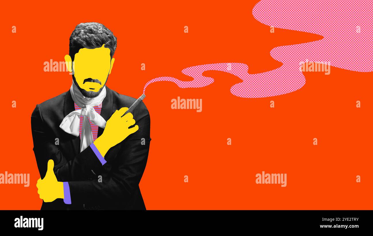 Abstract portrait of stylized gentleman smoking pipe in pop art colors ...