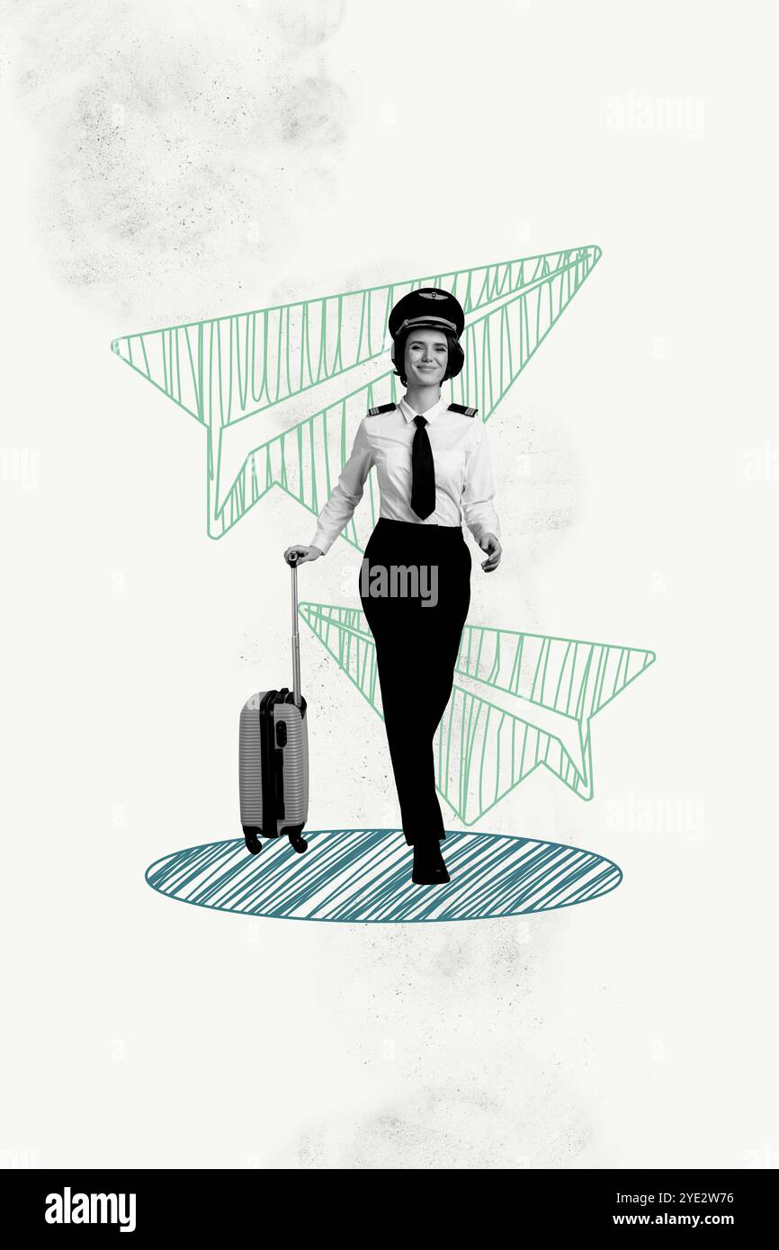 Vertical photo collage of happy pilot girl wear uniform carry suitcase ...
