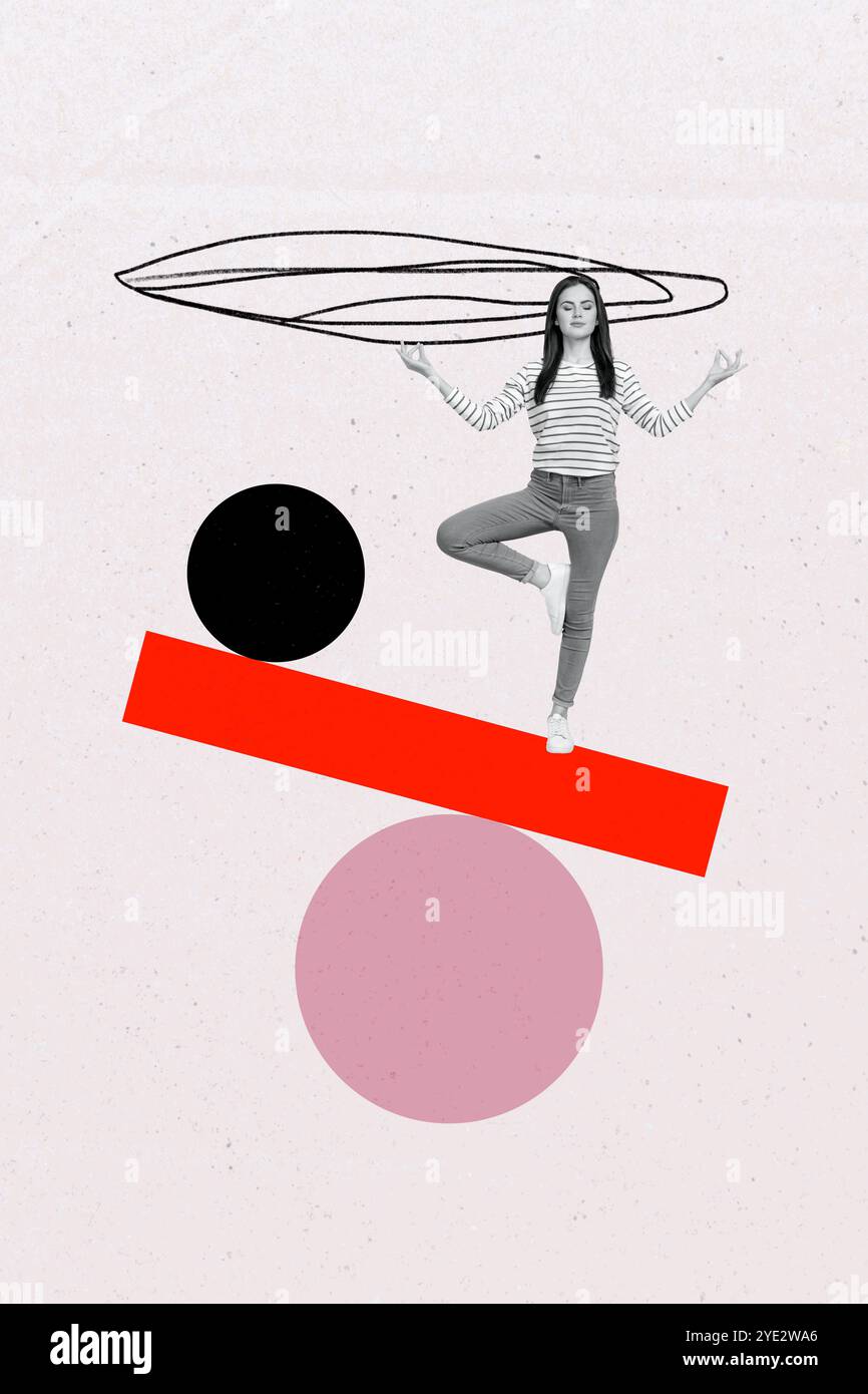 Vertical poster collage young woman meditate balance geometry figures ...