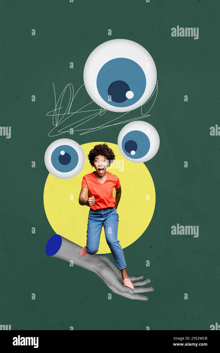 Vertical poster collage young woman run escape eyes vision ...