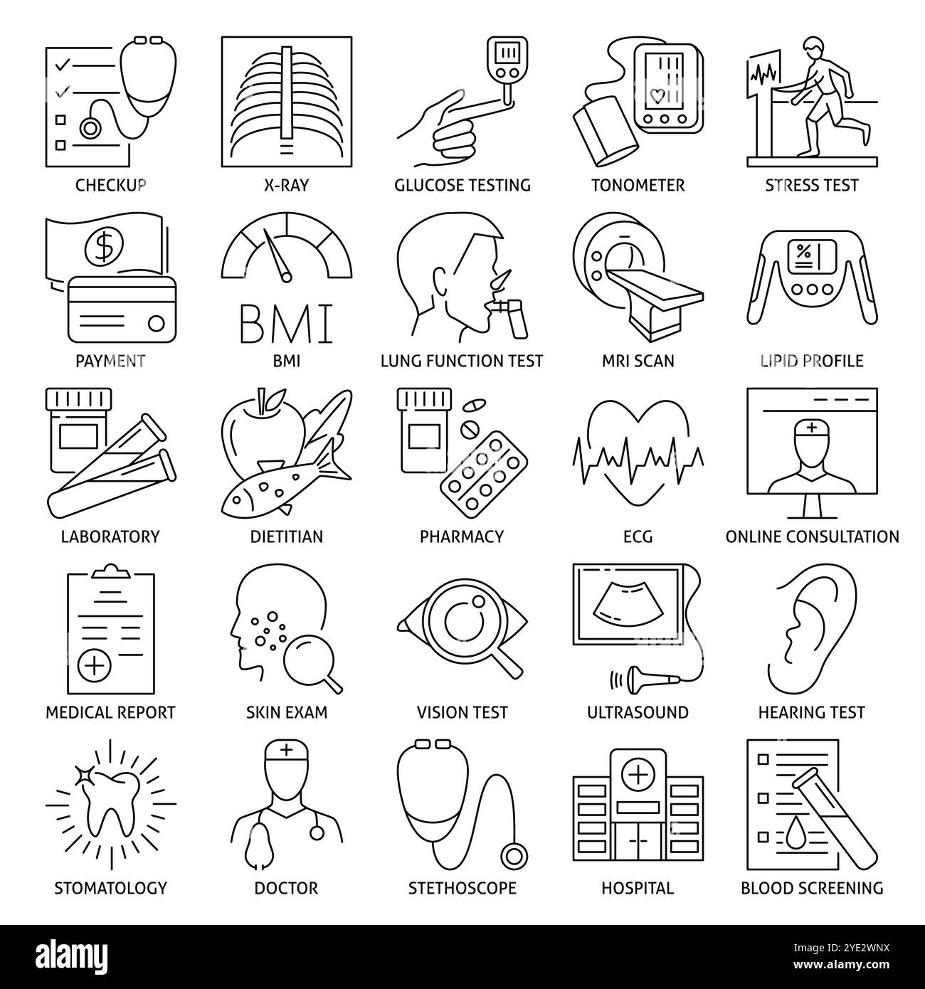 Health screening line icon set. Healthcare and medicine symbols ...