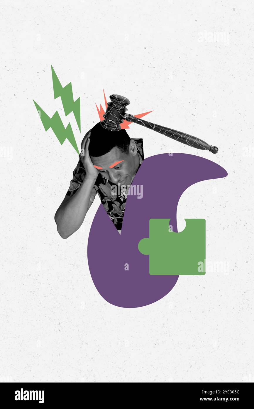 Vertical photo collage of upset american man sit courtroom push hammer ...