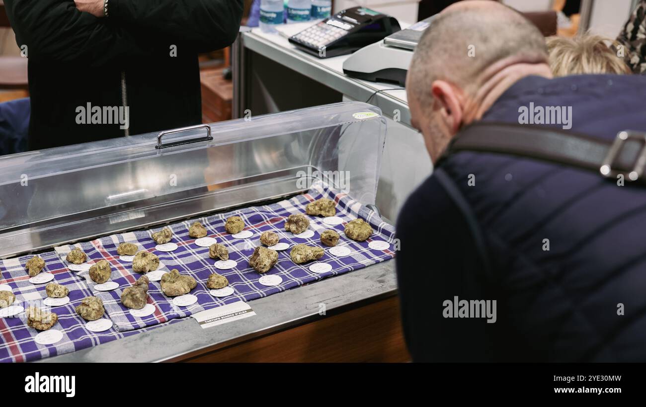 Attendees admire a display of unique truffles at the Alba Truffle ...