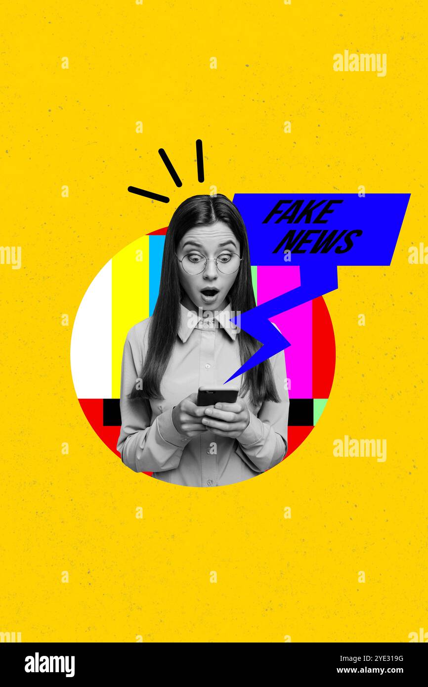 Vertical poster collage young woman shocked reaction textbox message ...