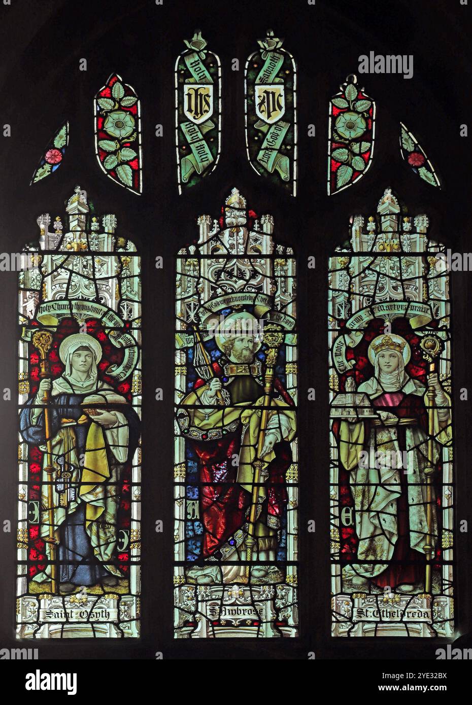 Stained glass window depicting Saints Osyth, Ambrose, and Etheldreda ...