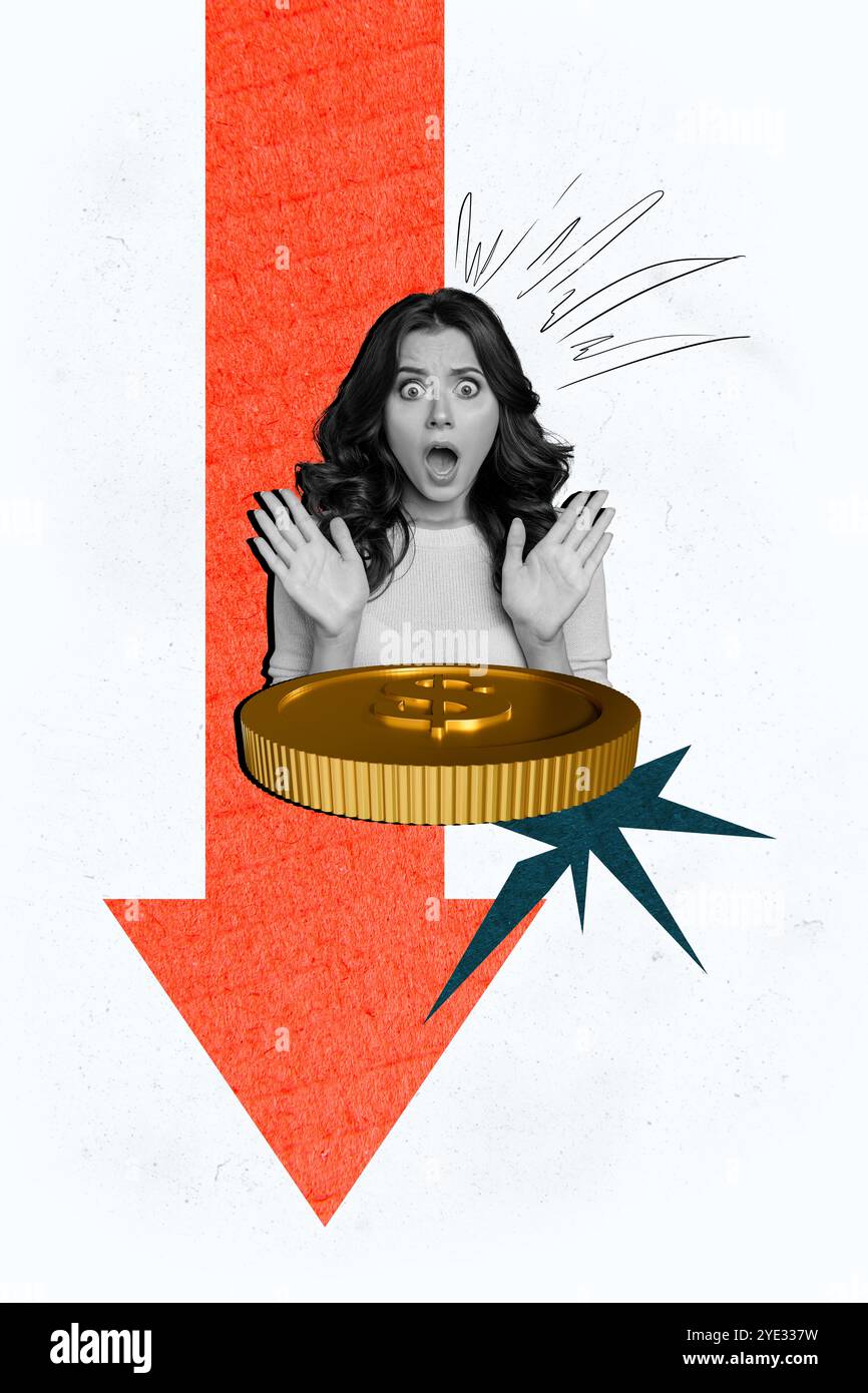 Vertical photo collage of scared girl business inflation coin arrow ...