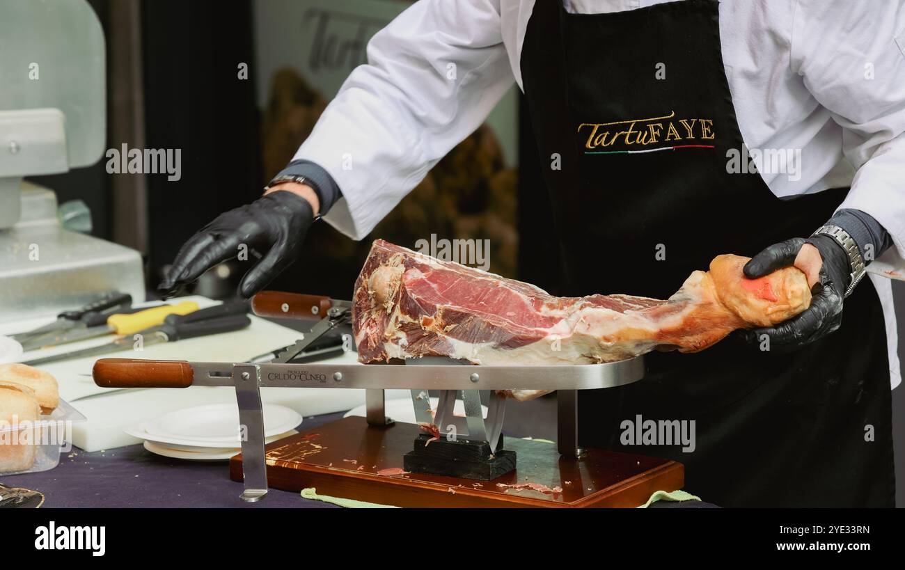 Chef skillfully slices fresh meat hi-res stock photography and images ...