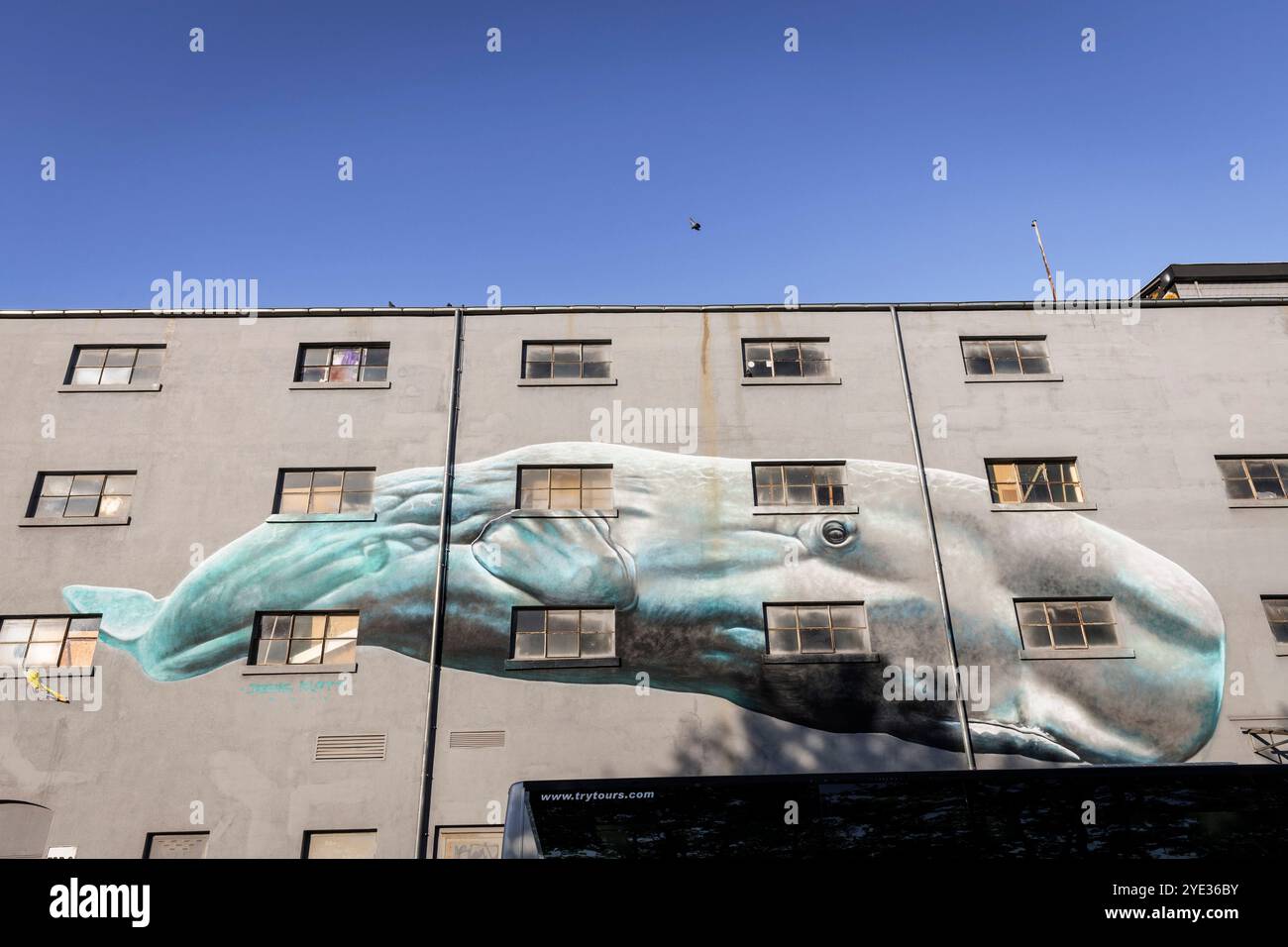 old harbour building with whale mural in the Speicherstrasse harbour ...