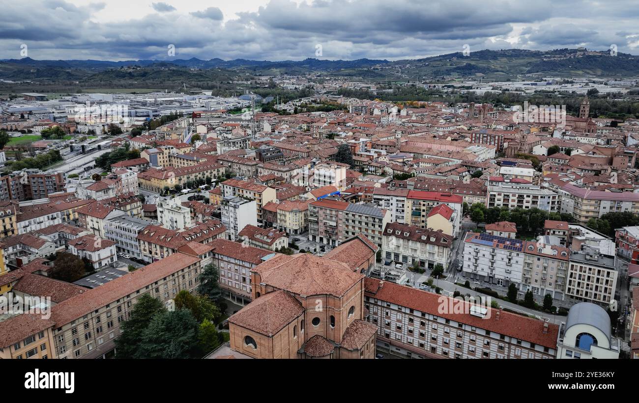 The beautiful city of Alba, Italy, is displayed from an aerial ...