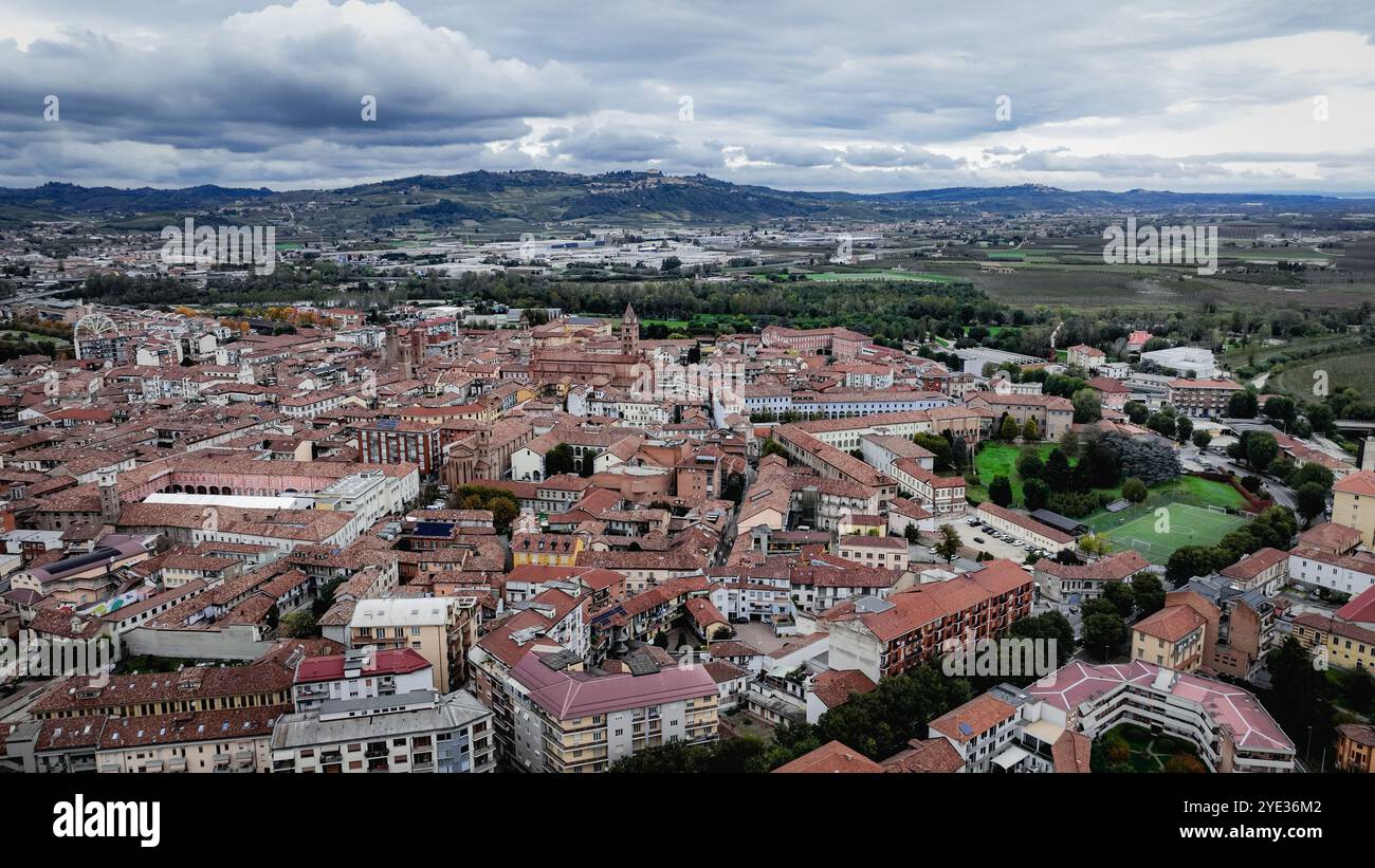 An aerial perspective captures the picturesque town of Alba in Italy ...