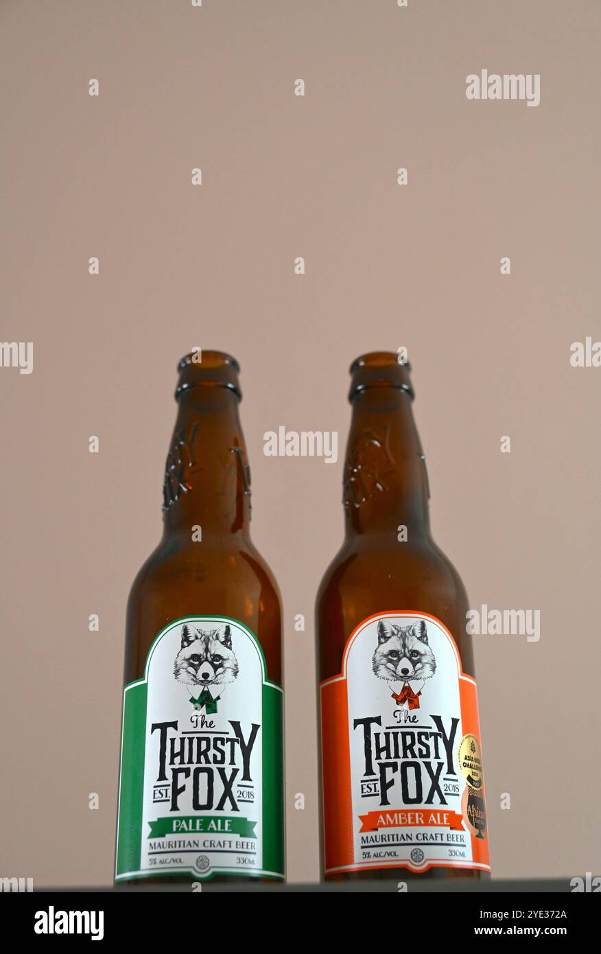 Mauritius craft beer Thirsty Fox bottles vertical shot Stock Photo - Alamy