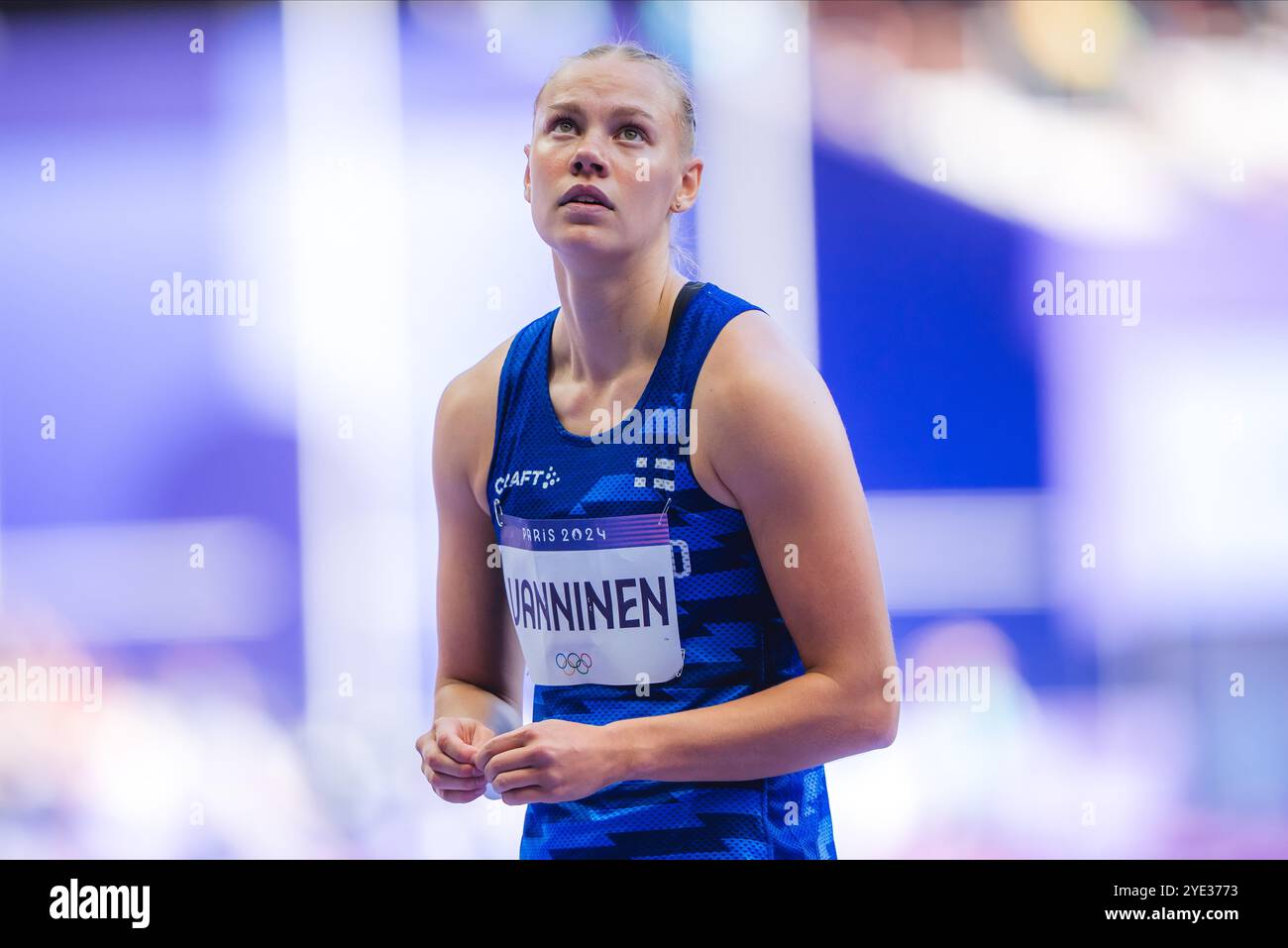 Saga Vanninen participating in the 100 meters hurdles at the Paris 2024 ...
