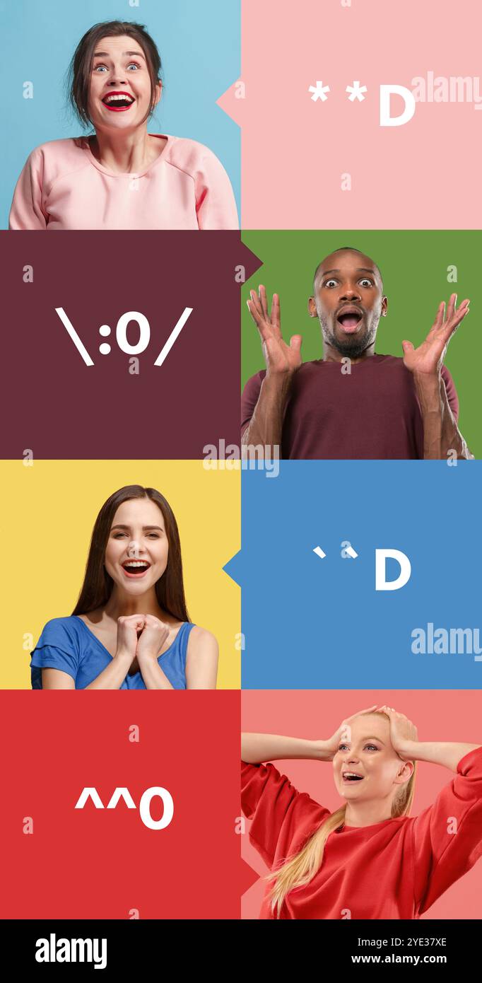 Creative collage with different people expressing various happy ...