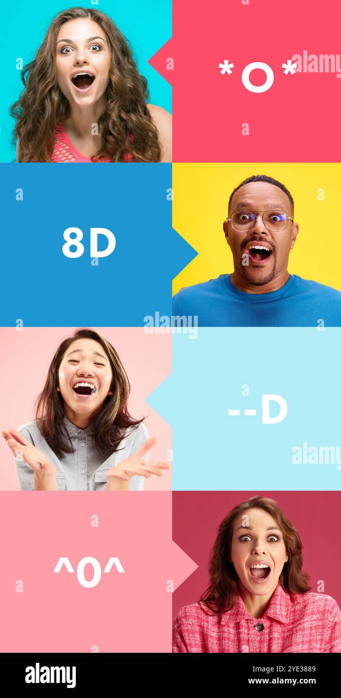 Creative collage with different people expressing various happy ...