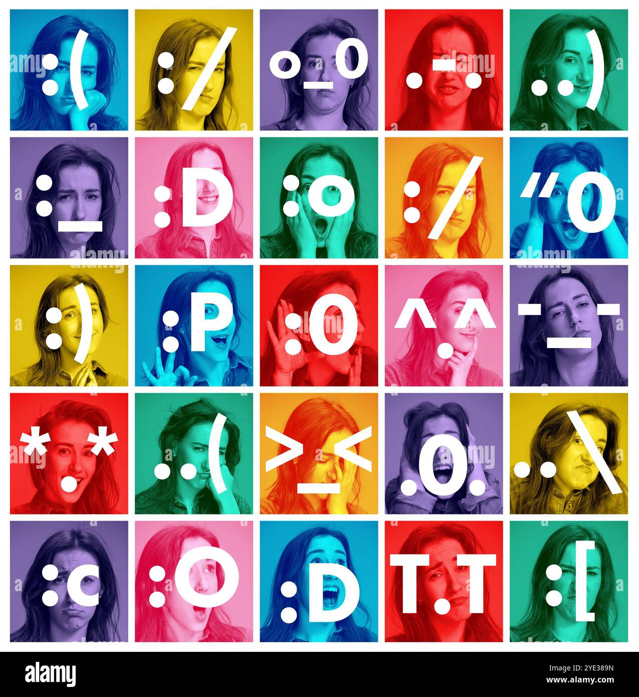 Creative colorful collage with close-up portraits of young woman ...