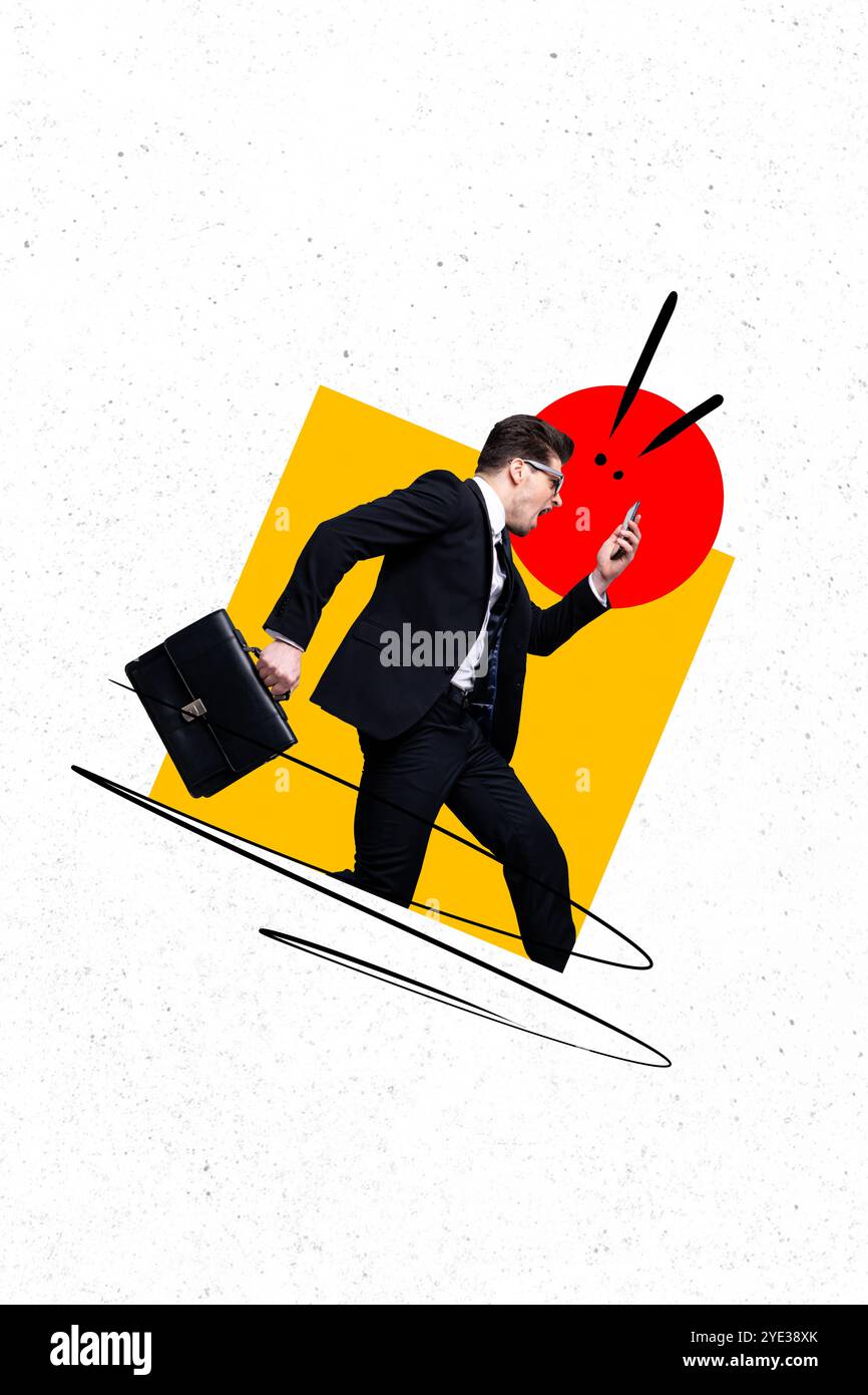Vertical image collage young businessman boss entrepreneur urgency run ...