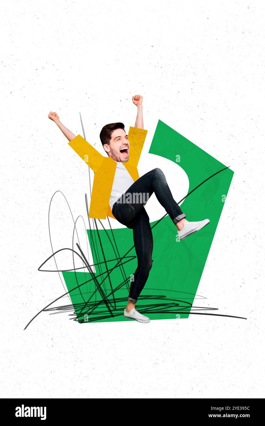 Vertical creative art collage of excited man winning open mouth wear ...