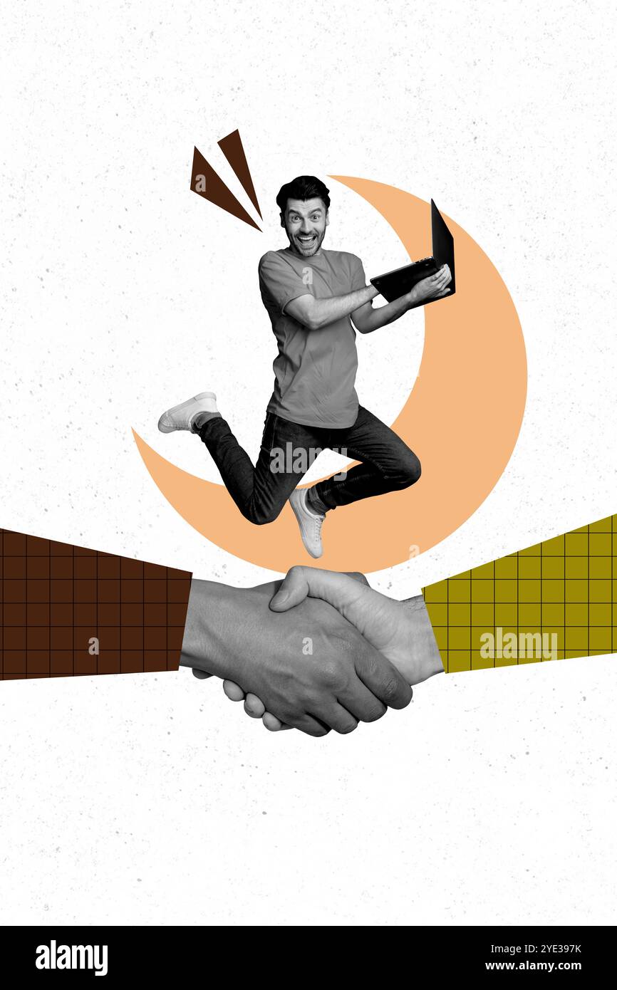 Vertical collage picture young man jump business deal agreement ...