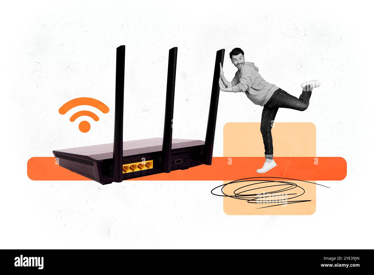 Creative collage image young man wifi router broadcast hotspot digital ...