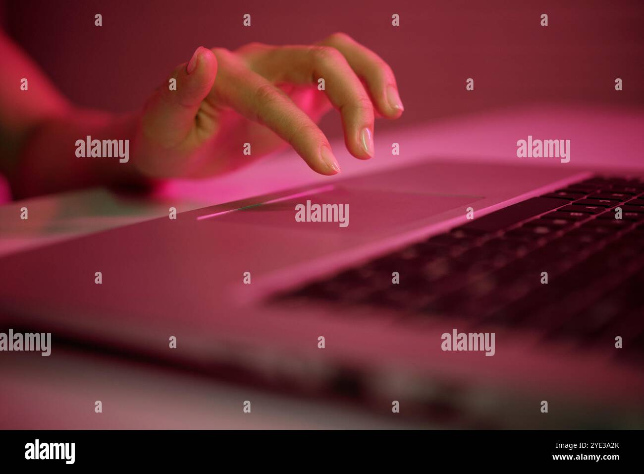 Typing on Laptop Keyboard in Pink Ambient Lighting Stock Photo - Alamy