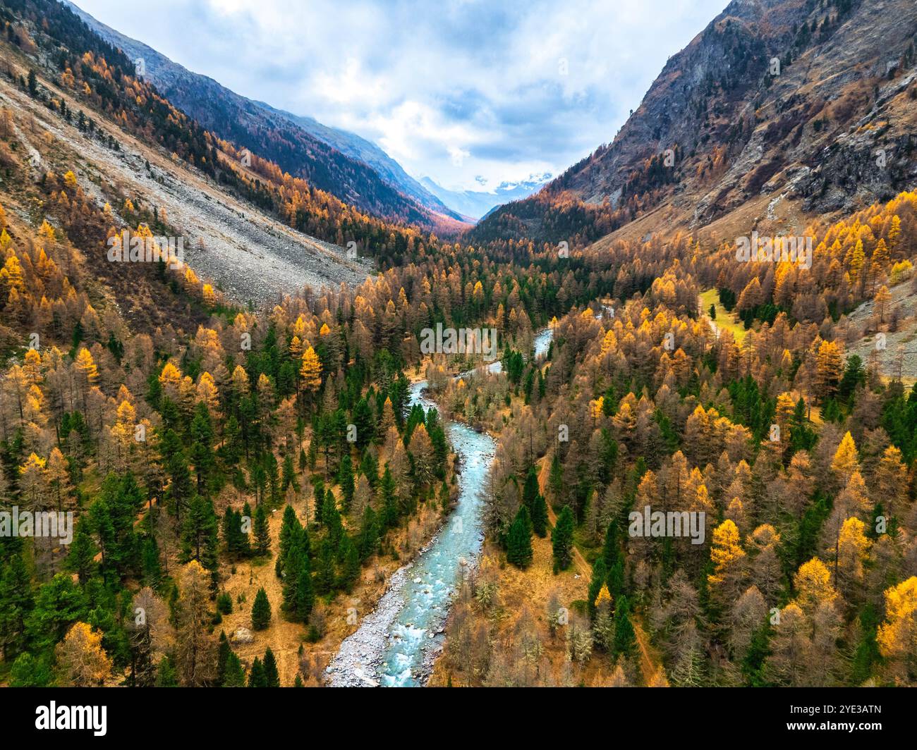 Aerial View of autumn Colors in Val Roseg with Turquoise River Swiss ...