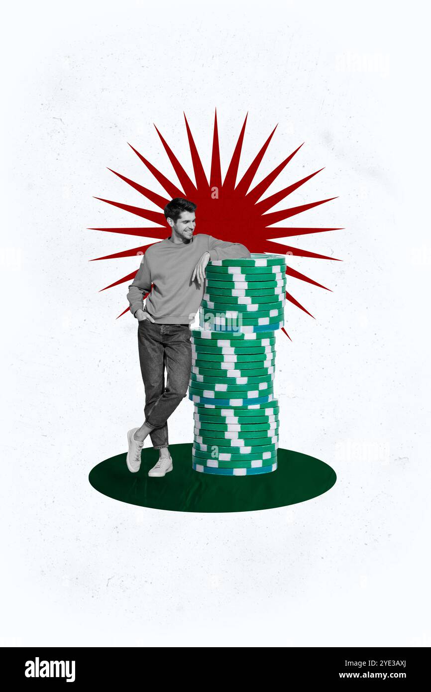 Vertical photo collage of happy guy stand chip stack casino gamble game ...