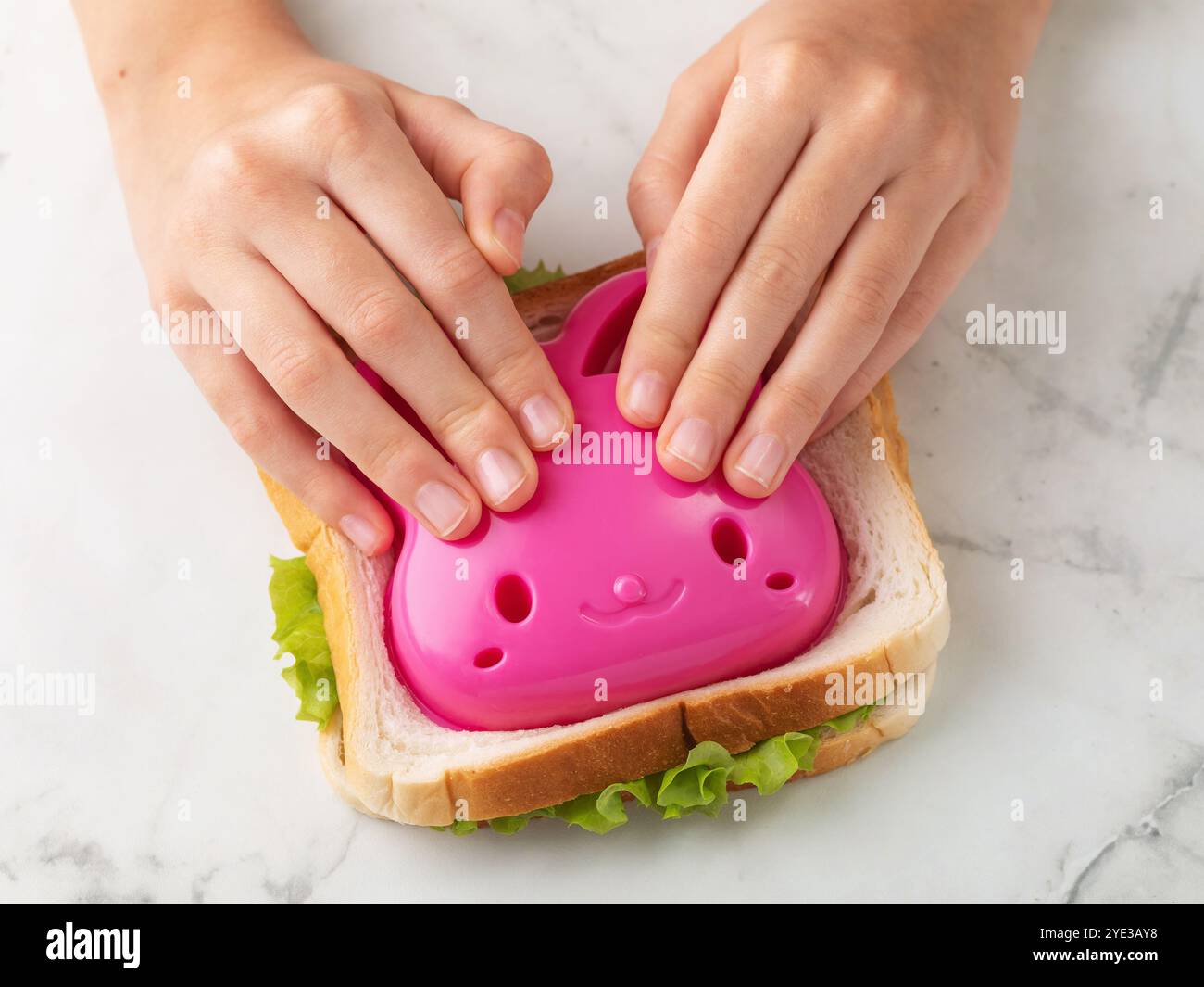 A child makes a bunny-shaped sandwich using a press mold Stock Photo ...