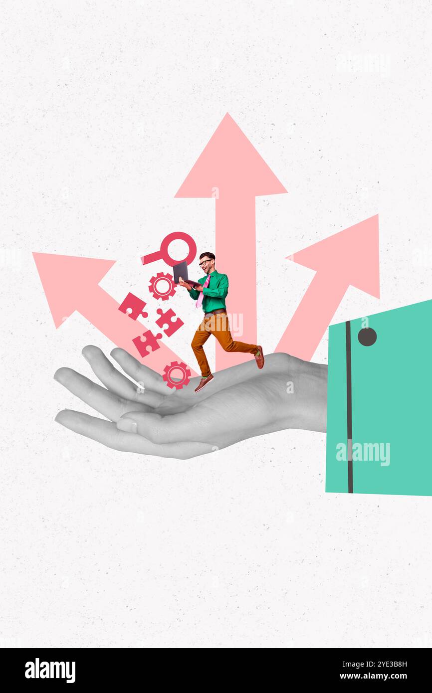 Vertical poster collage young man process setting configuration cogwheels puzzle game match ...